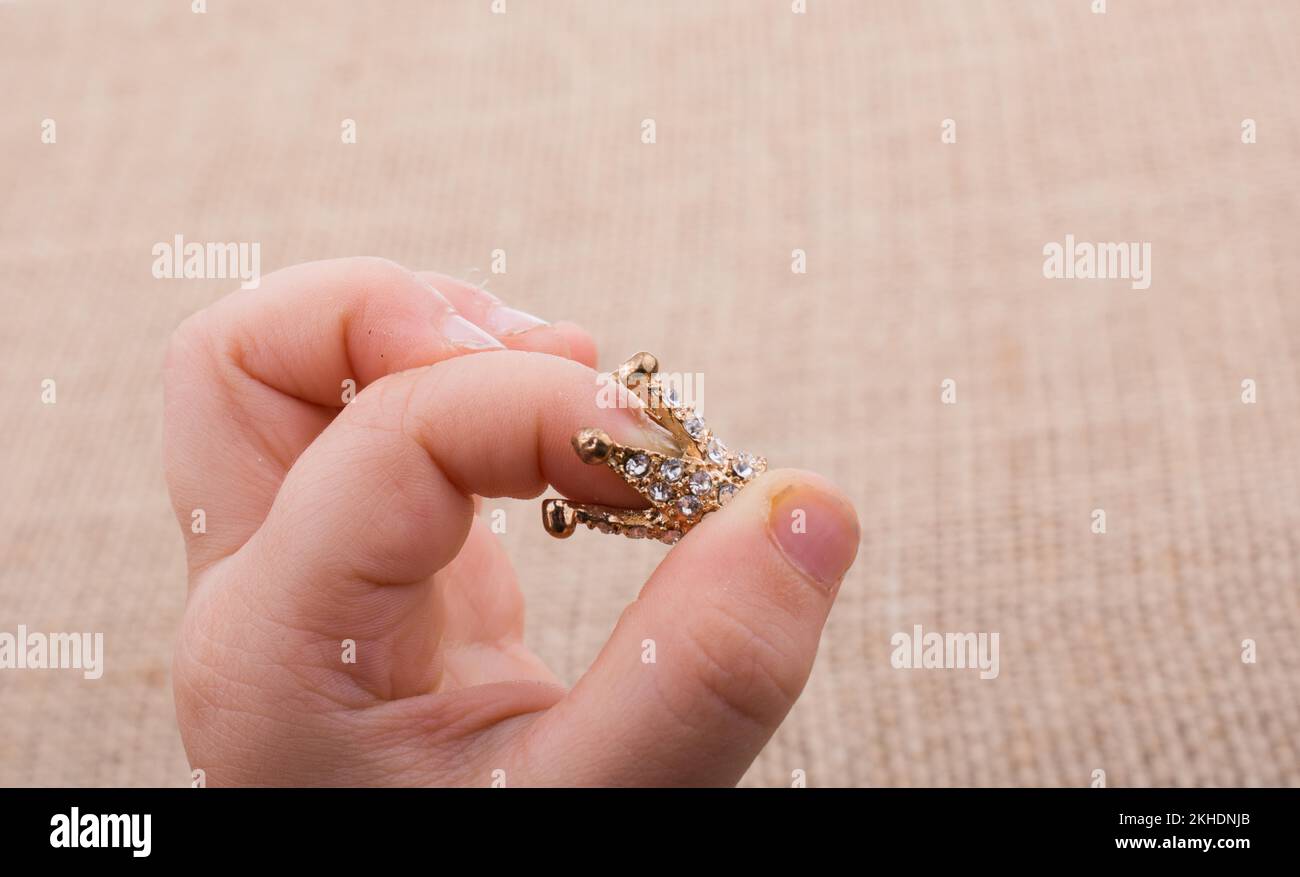 Hand holding a little model crown in hand Stock Photo - Alamy