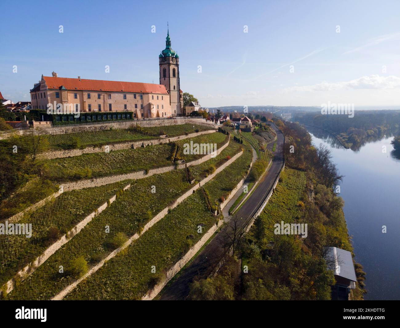 Drone shot, Melnik Castle, Church of St. Peter and Paul, confluence of ...