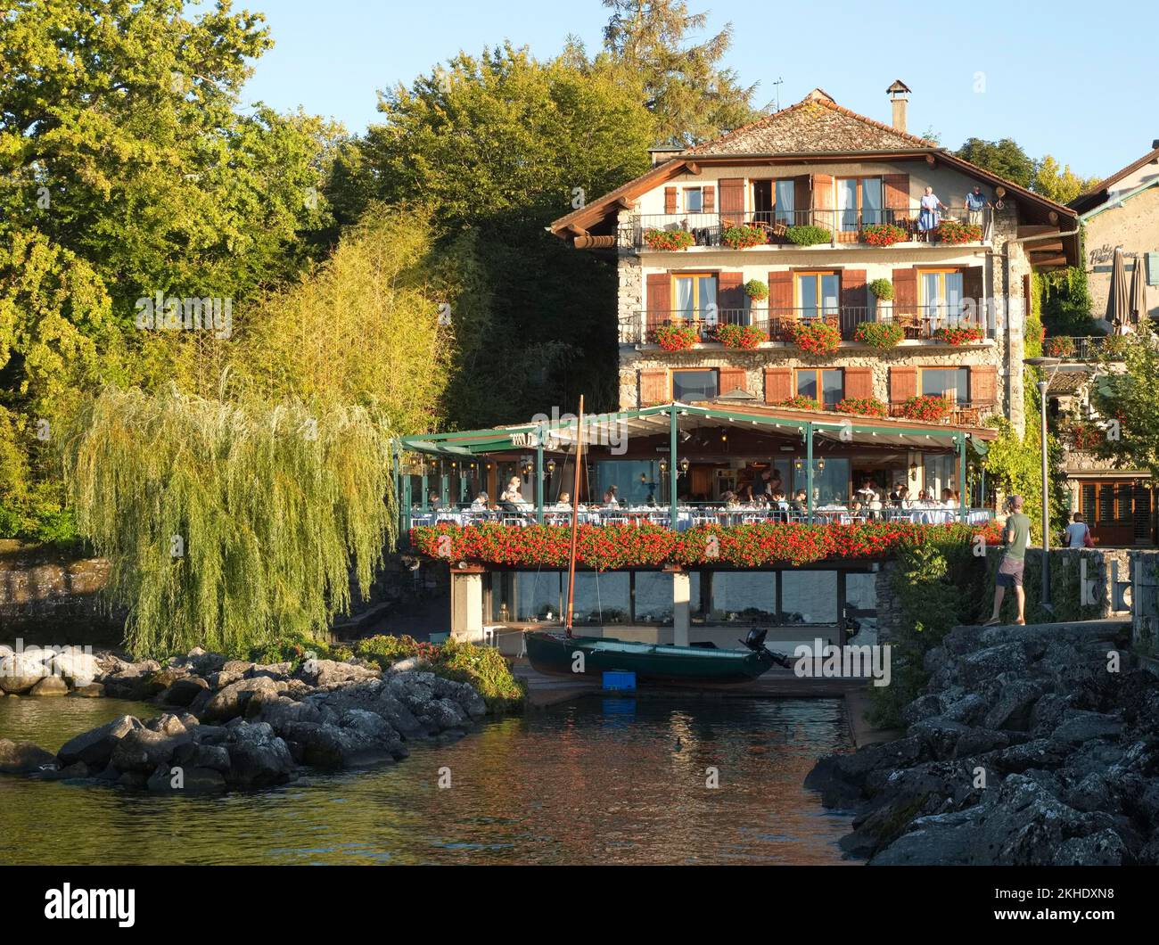 Restaurant on Lake Geneva in the village of Yvoire, one of the Most ...