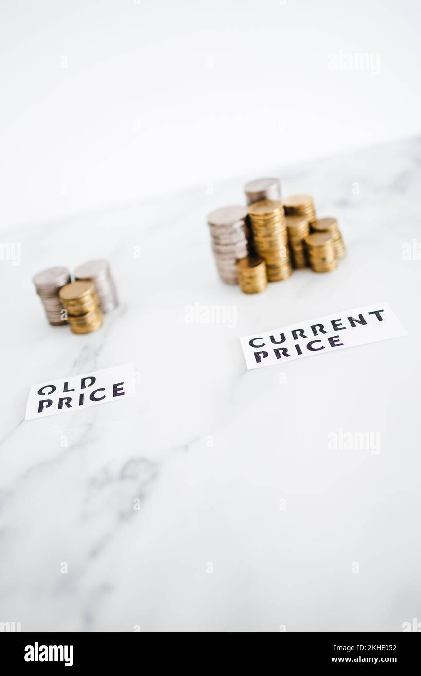 inflation and cost of living going up concept, Old price vs Current ...