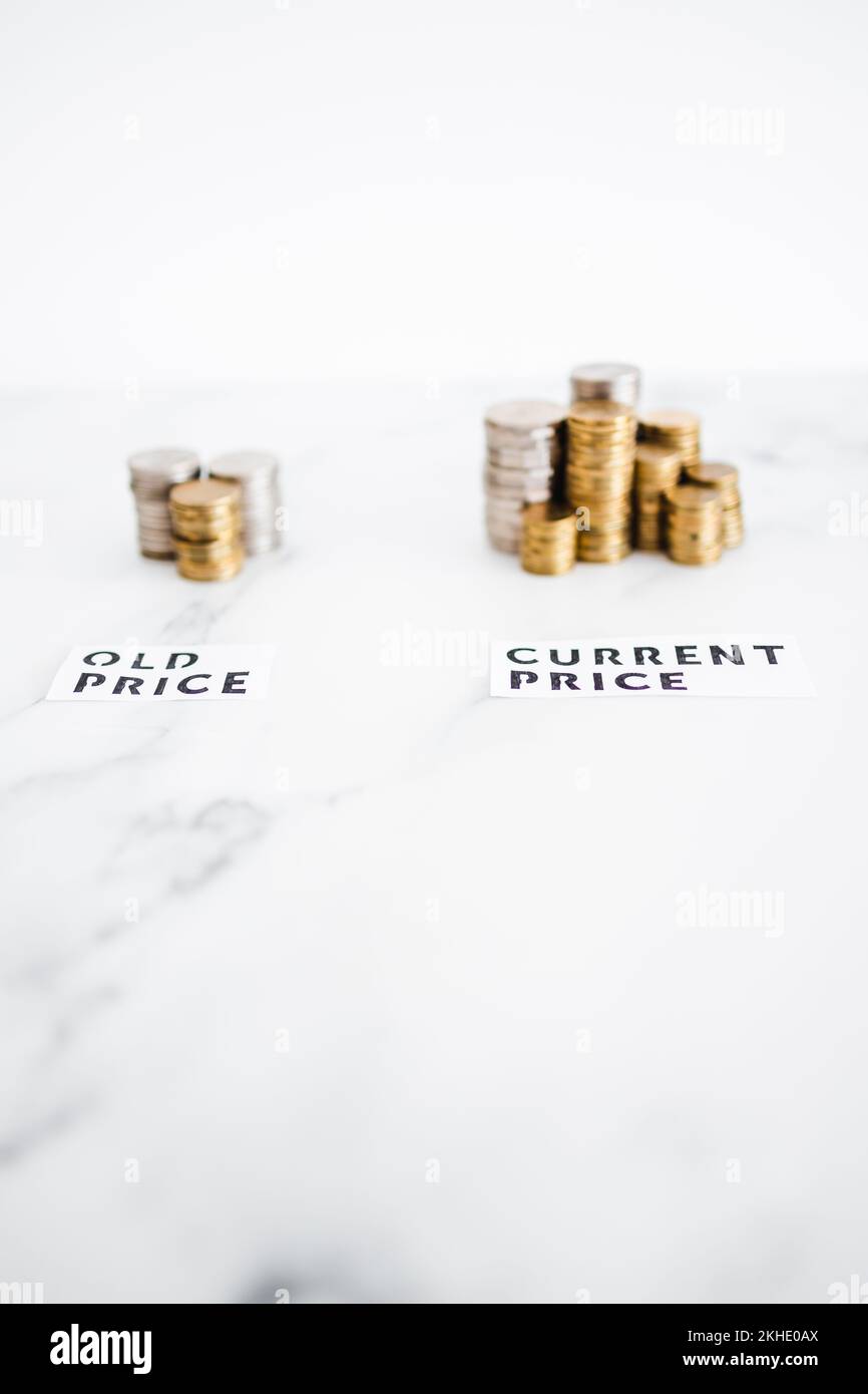 inflation and cost of living going up concept, Old price vs Current ...