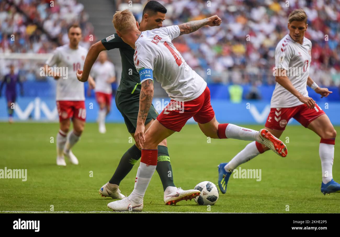 Samara, Russia – June 21, 2018. Denmark centre-back Simon Kjaer against ...