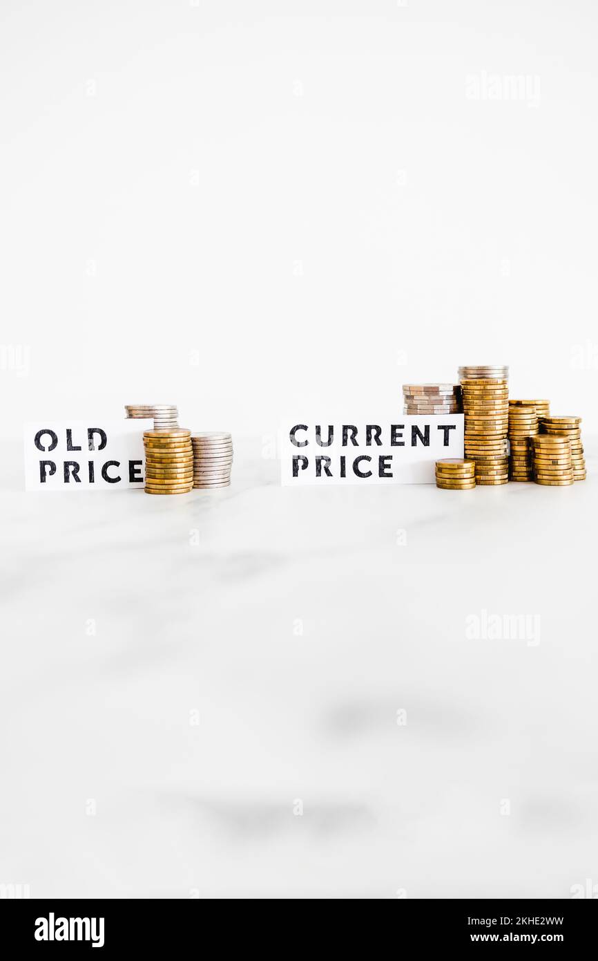 inflation and cost of living going up concept, Old price vs Current ...