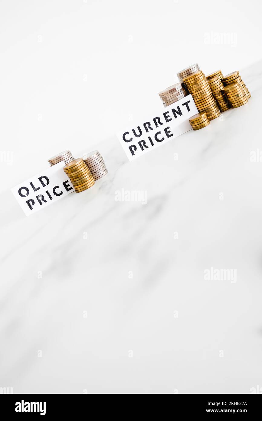 inflation and cost of living going up concept, Old price vs Current ...
