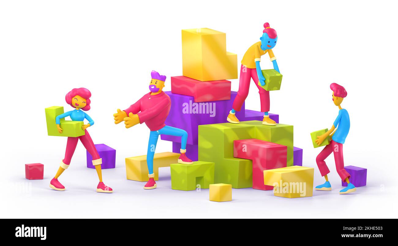 3d render contemporary characters team work together set up puzzle ...