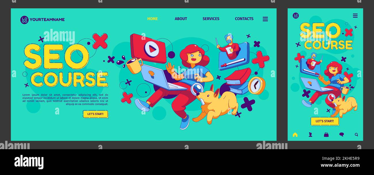 Seo courses landing page, app ui ux onboard screen. Concept with contemporary character with ...