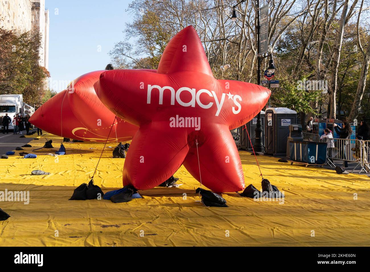 Red Stars balloons inflated for 96th Macy's Thanksgiving Day Parade on ...