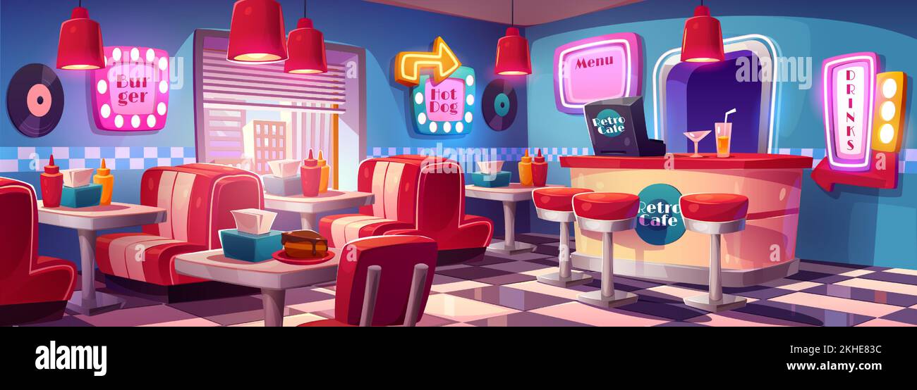 Fast food retro cafe interior with tables, cashier desk with high ...