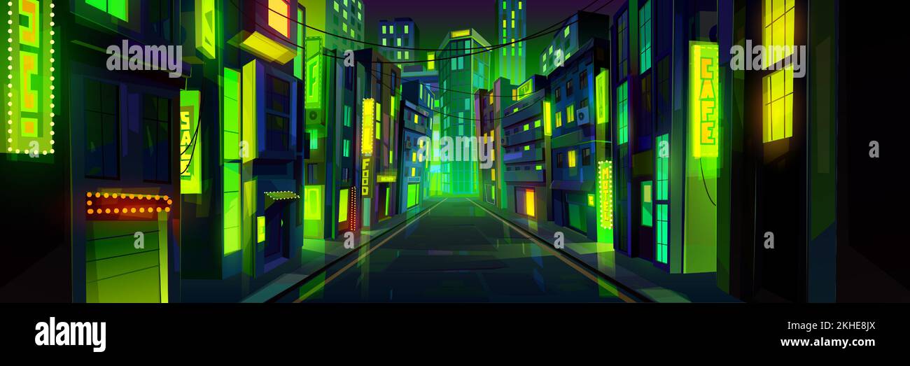 Night city street with road and green neon glowing illumination and ...