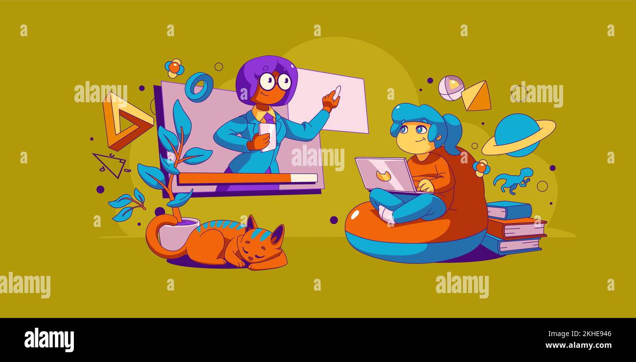 Kid online education, virtual school concept with little child student ...