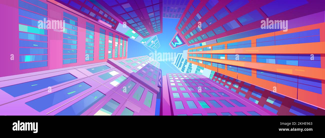 Early morning city low angle view at skyscrapers against blue sky ...