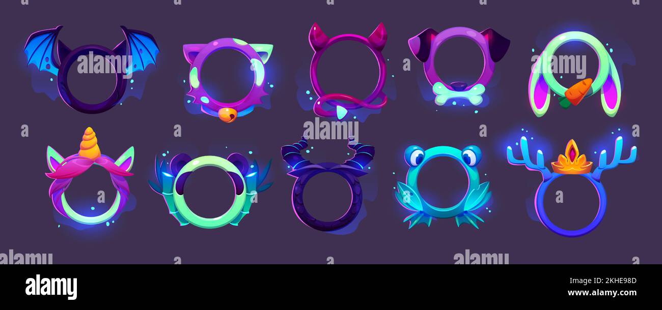 Neon game avatar frames, round gamers animals and fantasy characters ...