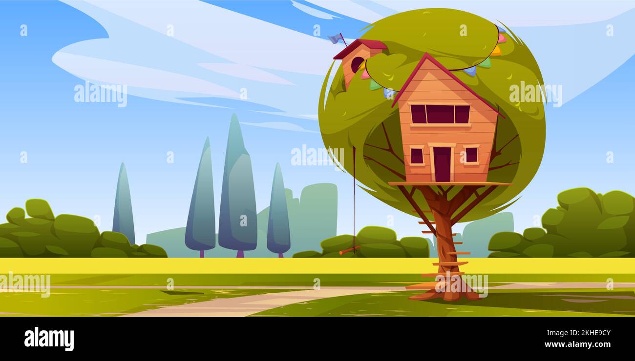 Cartoon tree house in green park under blue sunny sky. Vector ...