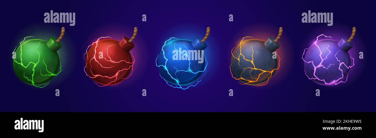 Bombs with fuse props game icons. Explosive military weapon with rope ...