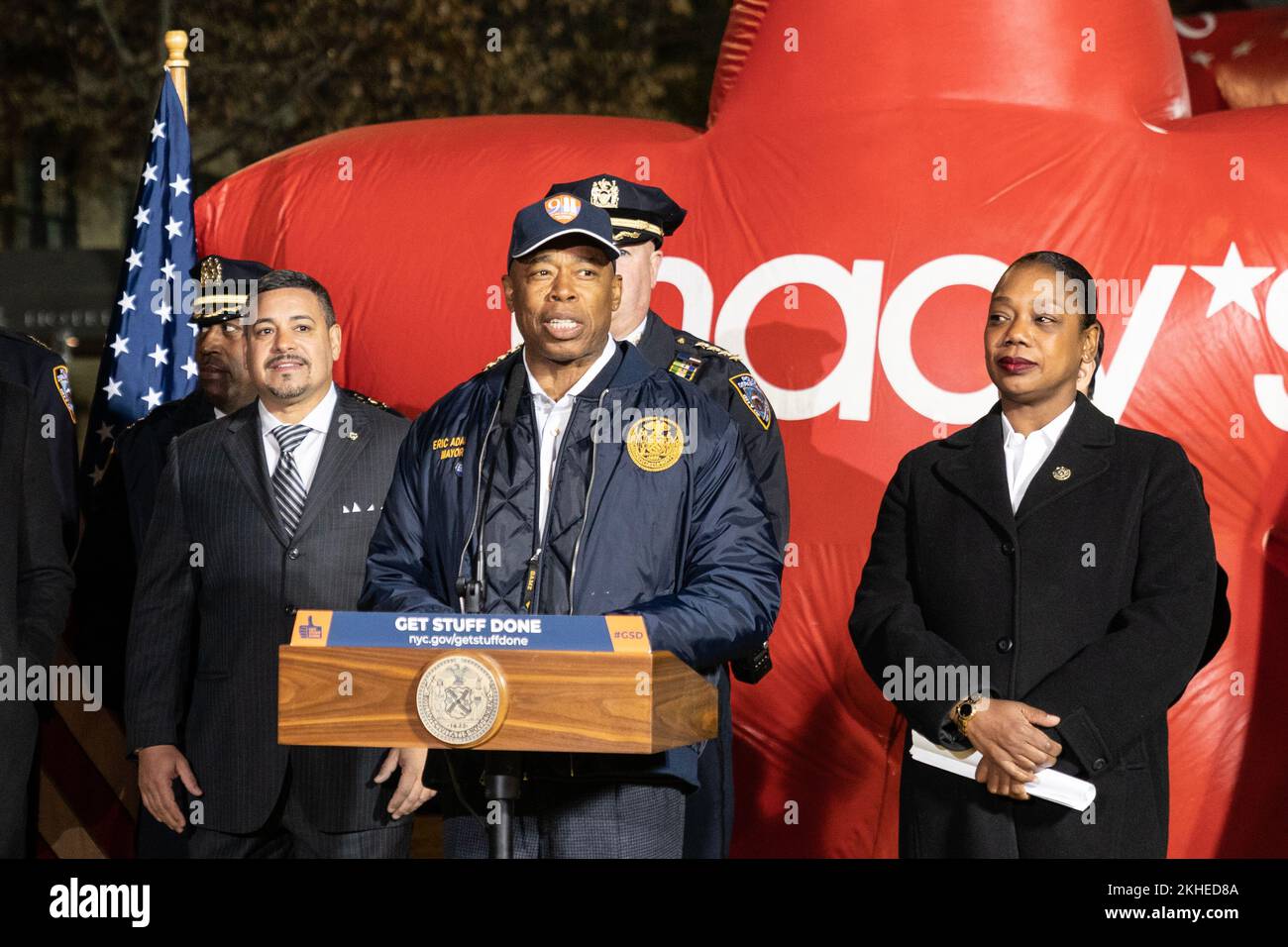 Mayor Eric Adams with Police Commissioner Keechant Sewell and Macy's ...