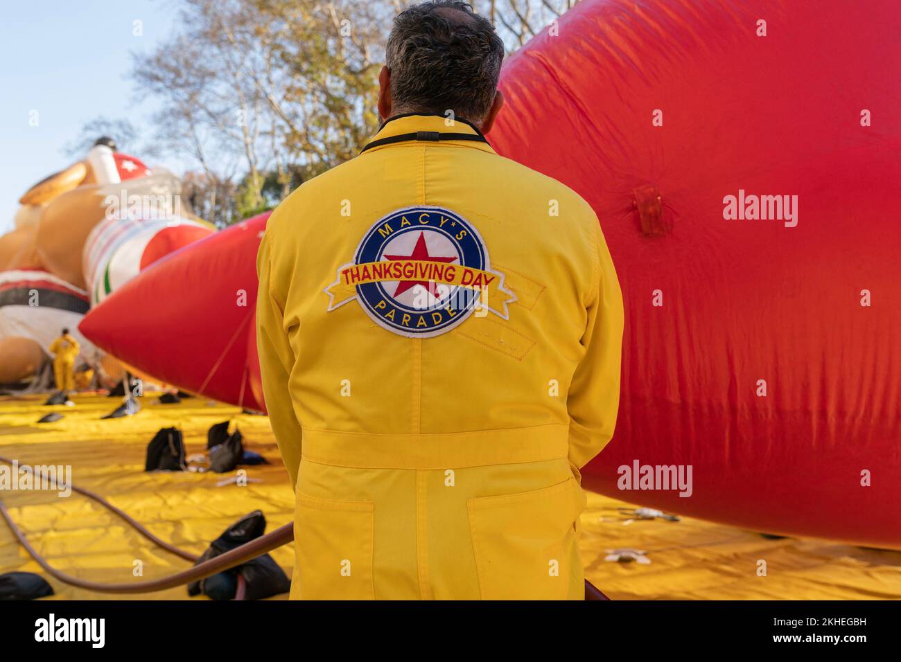 Workers work on balloons inflation for 96th Macy's Thanksgiving Day ...