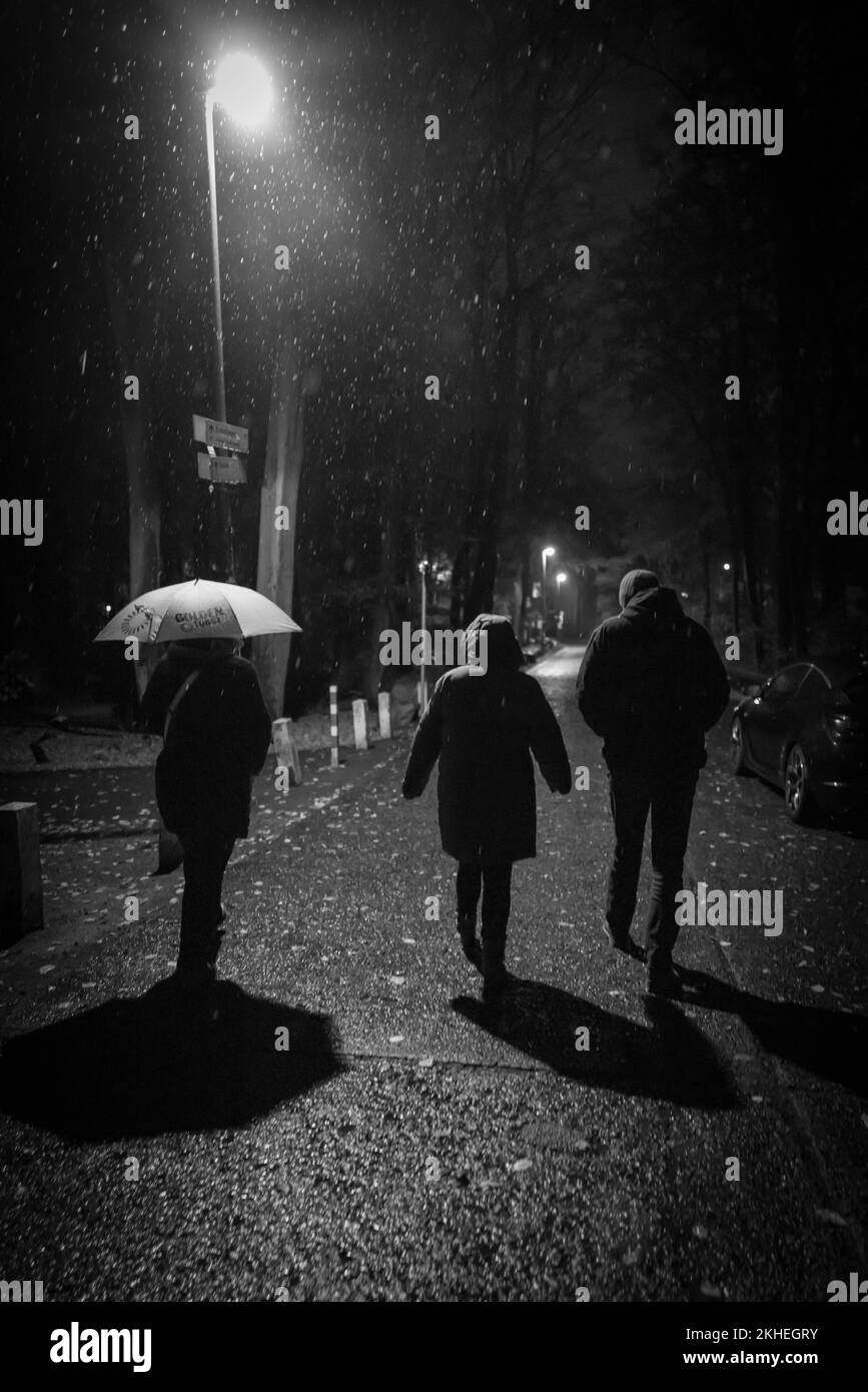 three people walk in the rain at night Stock Photo - Alamy