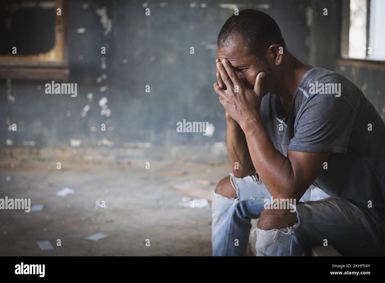 Drug addict man sleeping after using different types of drugs. People ...