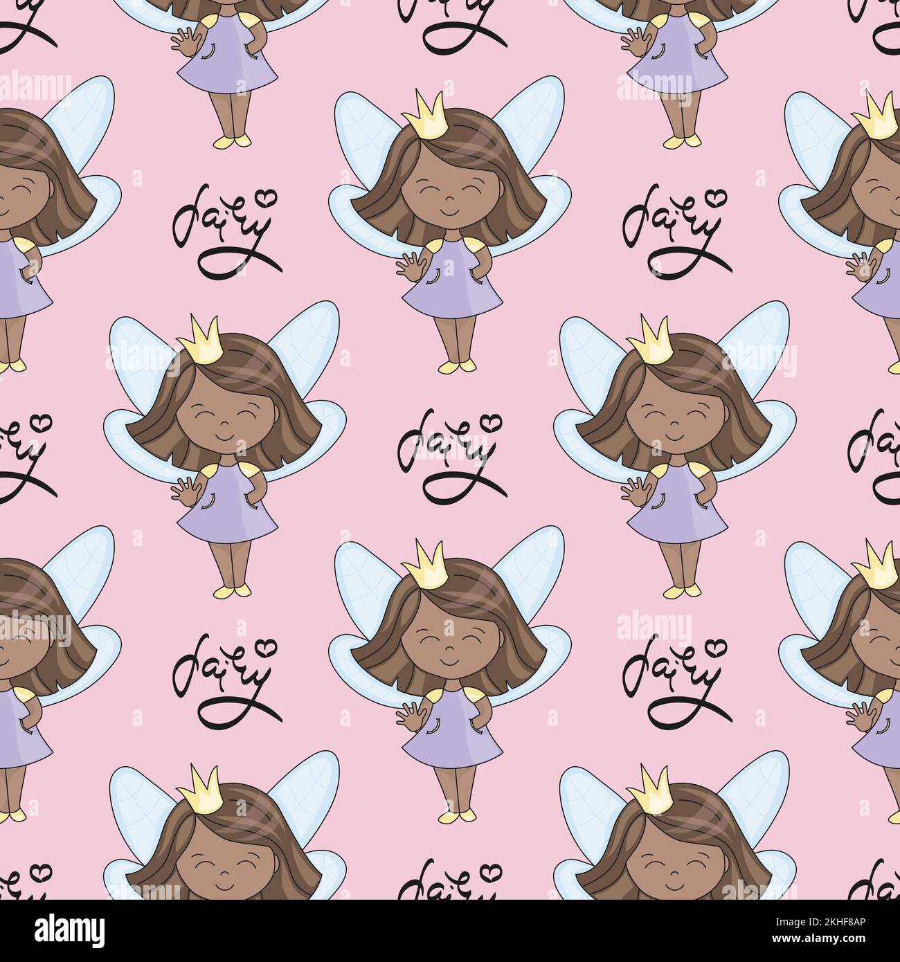 FAIRY Princess Girl Cartoon Lettering Seamless Pattern Vector ...