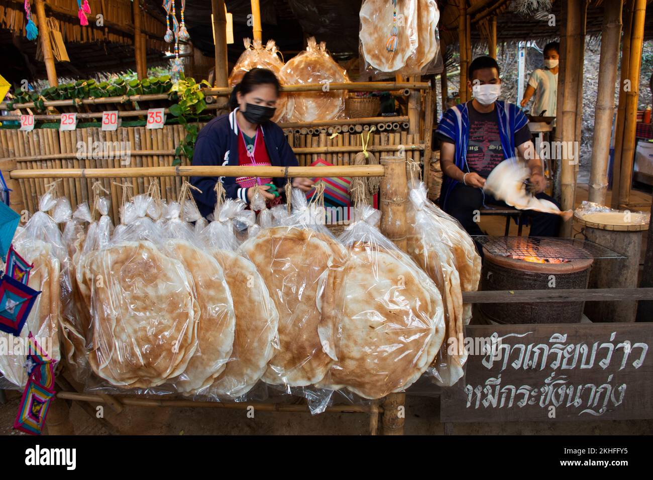 Thai karen ethnic people cooking local food snack for sale travelers ...