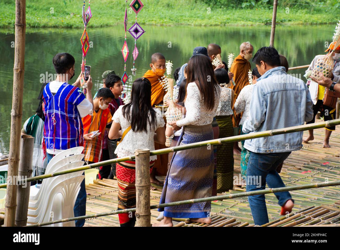 Thai people foreign travelers travel visit and join tradition merit ...