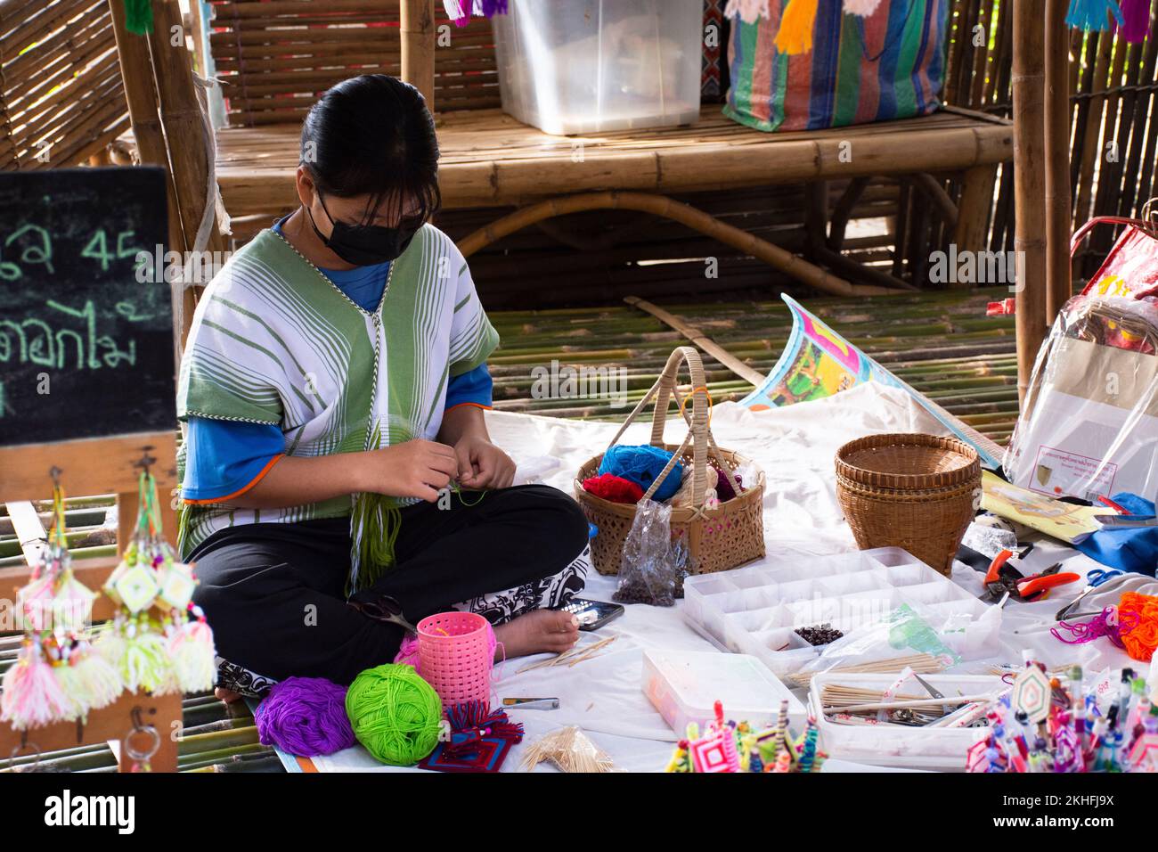 Karen ethnic working knitting yarn lanna style in handmade craft shop ...