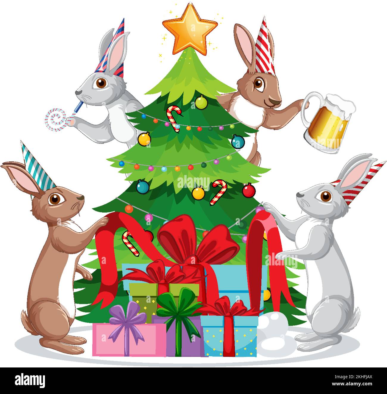 Christmas tree with cute rabbit illustration Stock Vector Image & Art ...