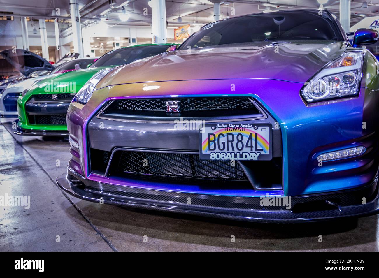 A front view of a purple Nissan GT-R at Hot Import Car Show in Honolulu ...