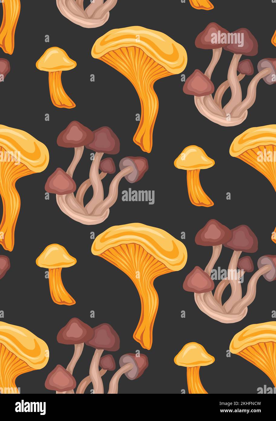 Vector seamless pattern with cartoon mushrooms on dark gray background ...