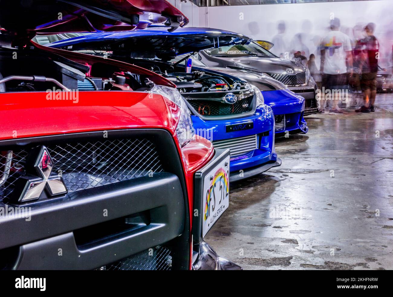 The cars in a row with open hoods at Hot Import Car Show in Honolulu, Hawaii Stock Photo - Alamy