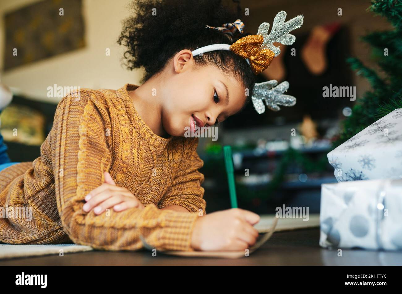 Child, christmas and writing letter, list of wishlist for gift or ...