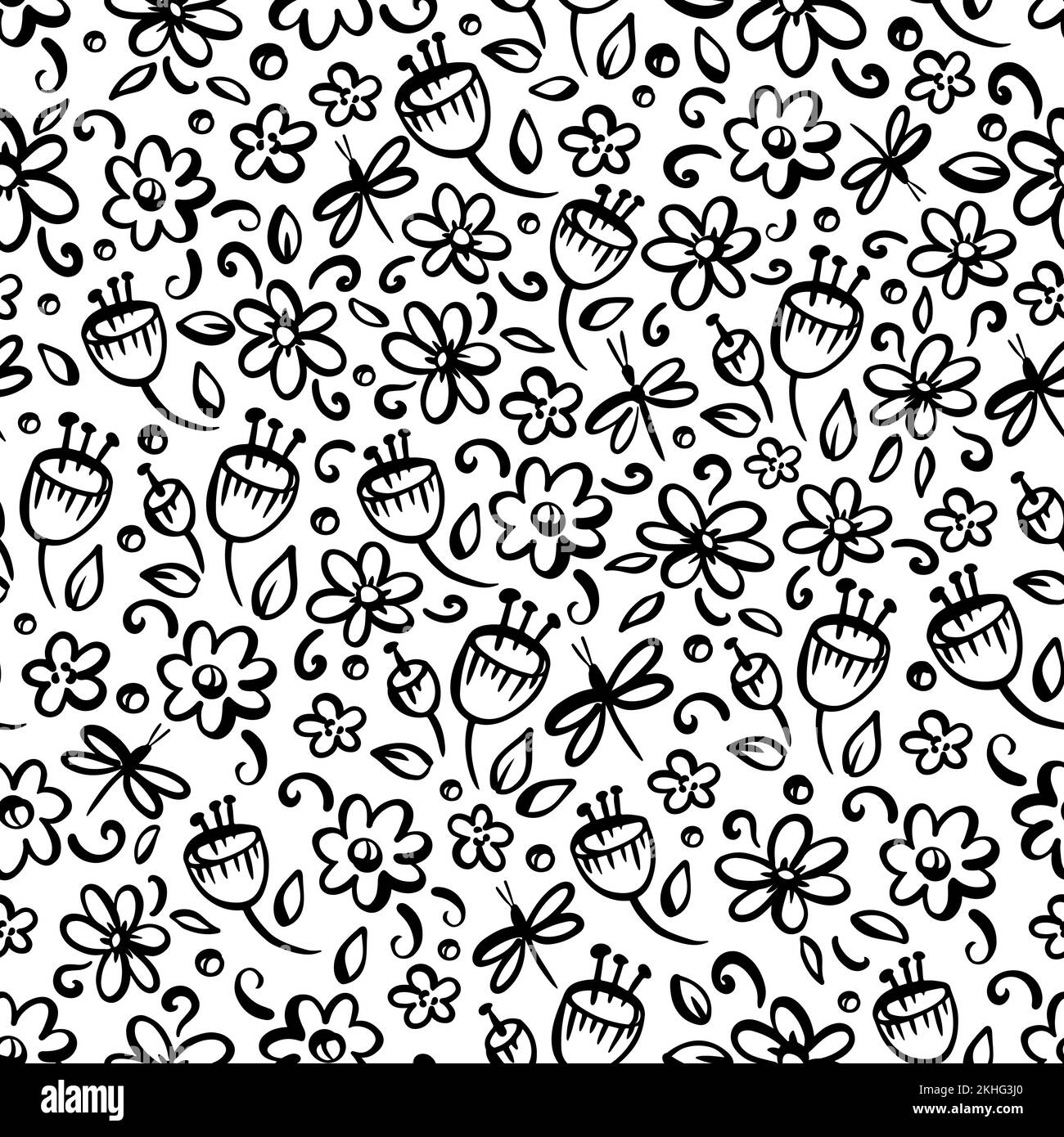 FLOWER MONOCHROME Hand Drawn Floral Sketch With Abstract Plants On ...