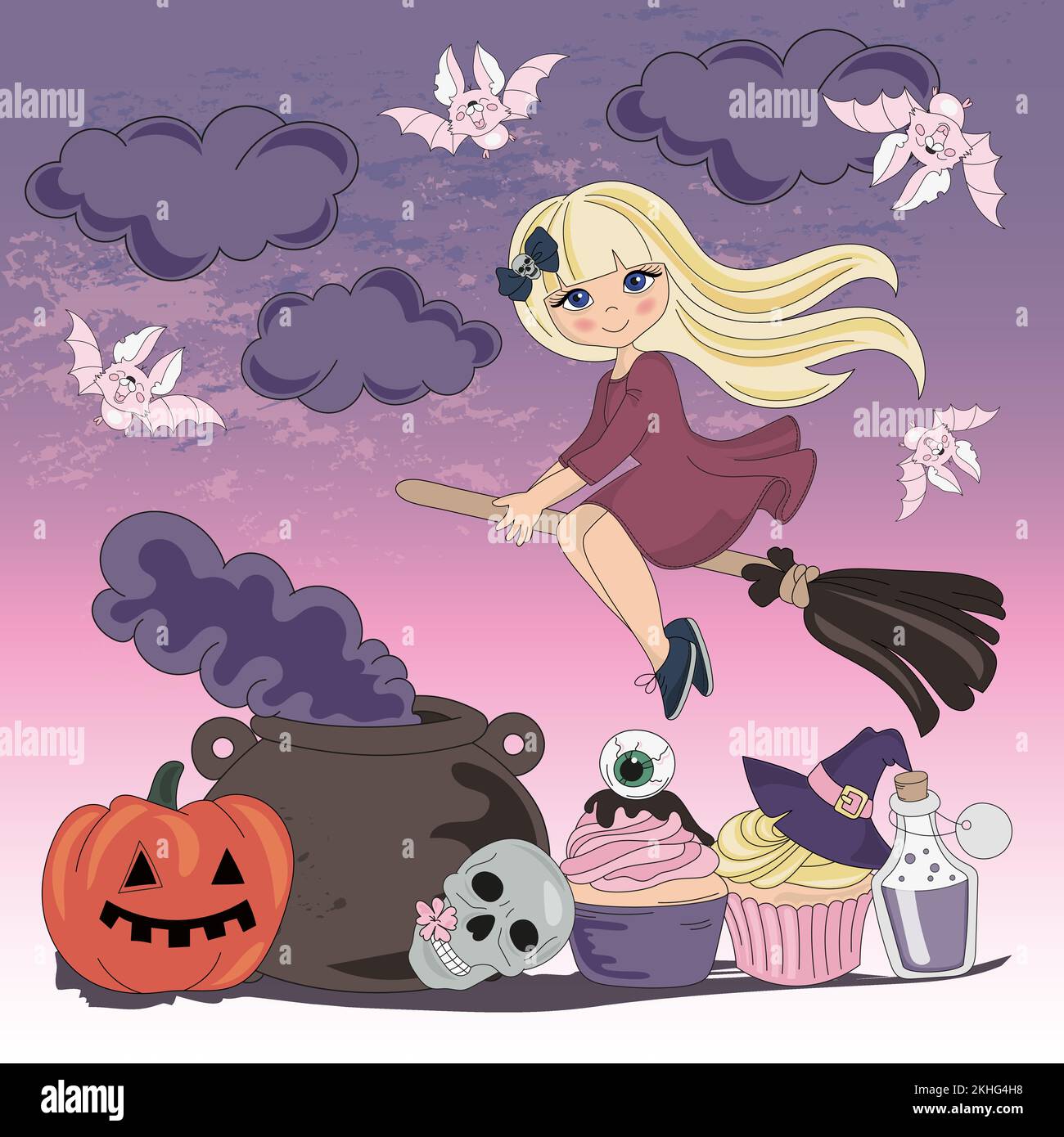 FLYING WITCH Halloween Magic Holiday Cartoon Vector Illustration Set ...