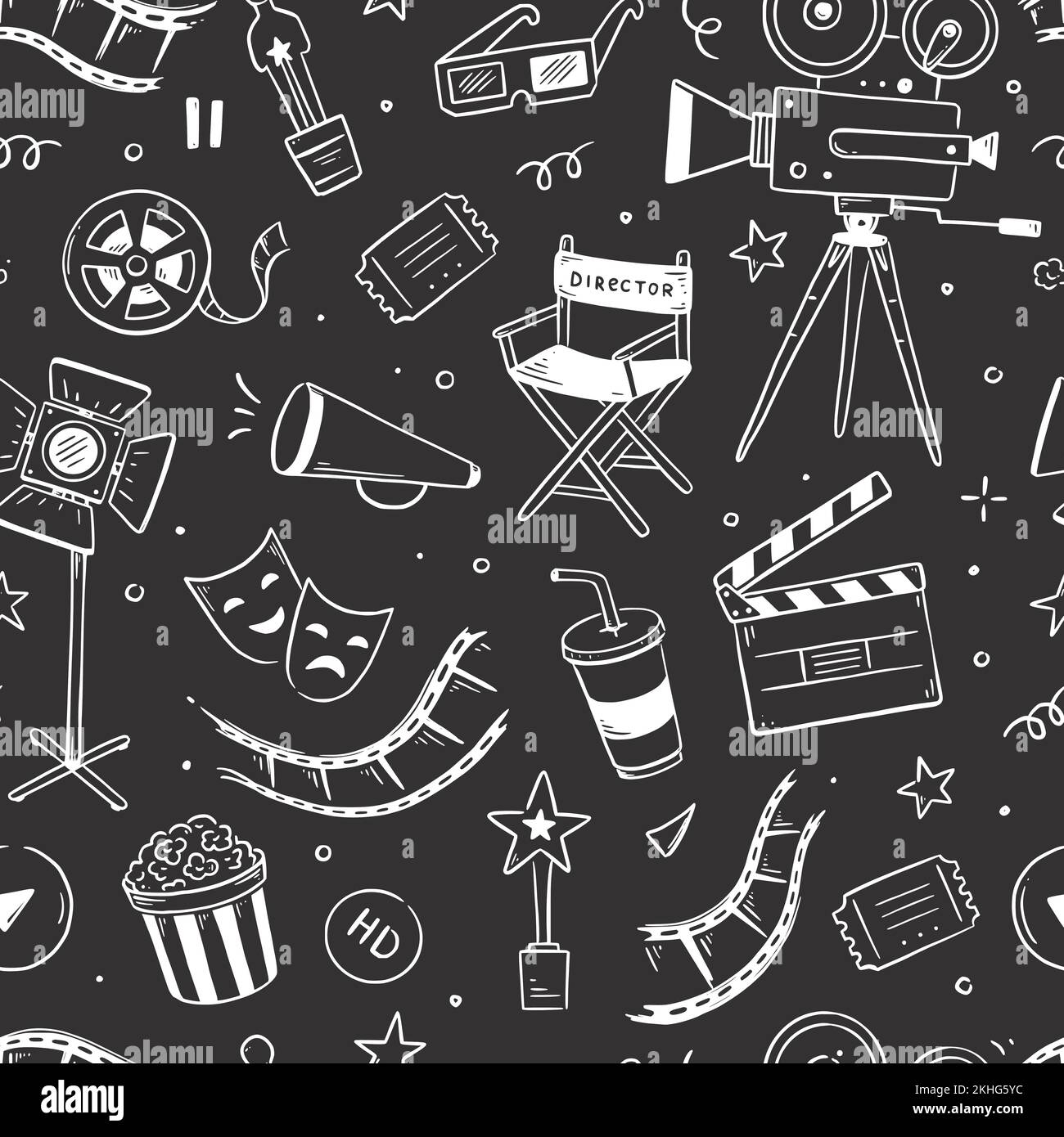 Movie, cinema vector pattern. Doodle hand drawn sketch style movie ...