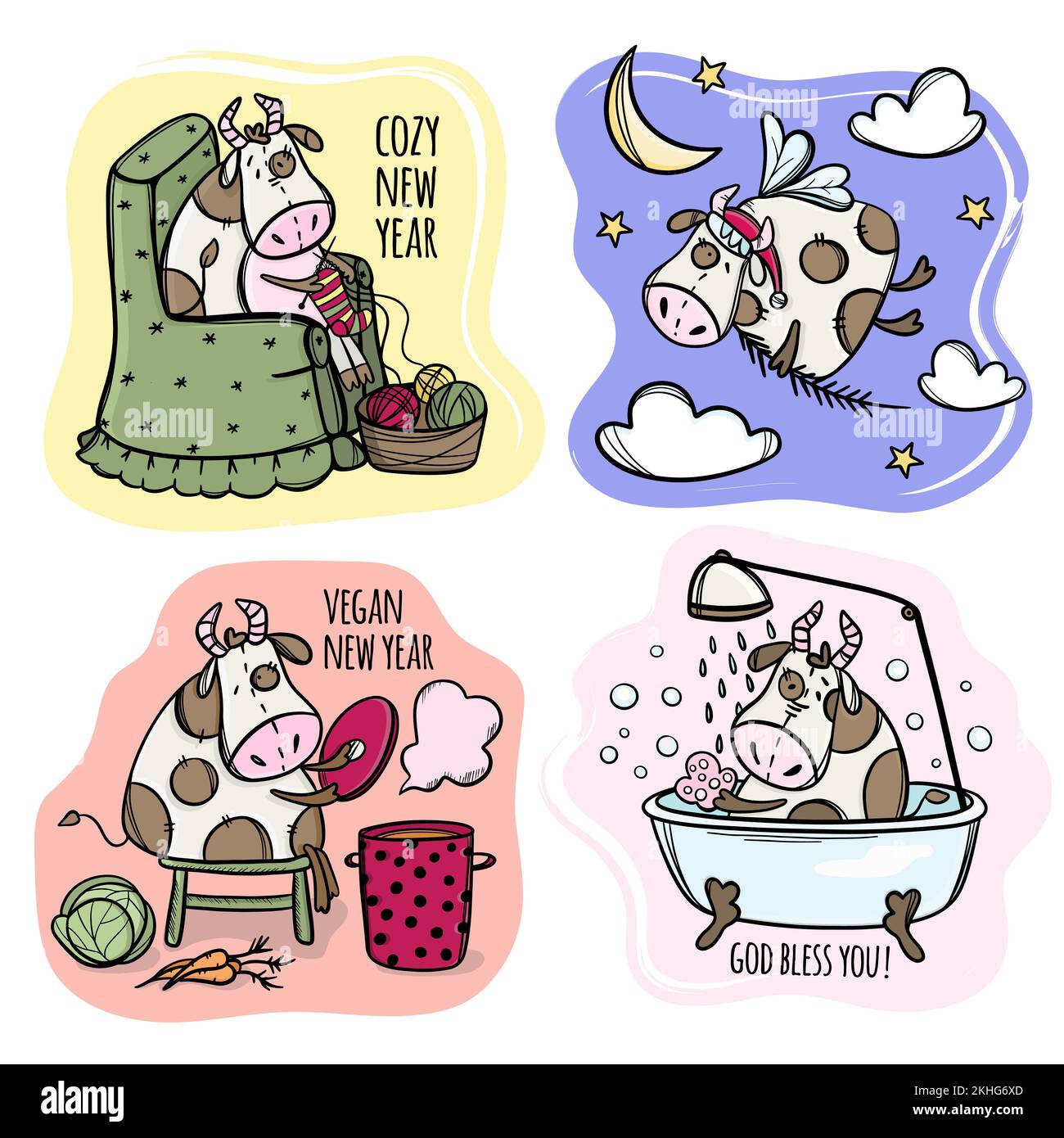 FOUR COWS Characters Cute Christmas Bulls Preparation For Merry ...