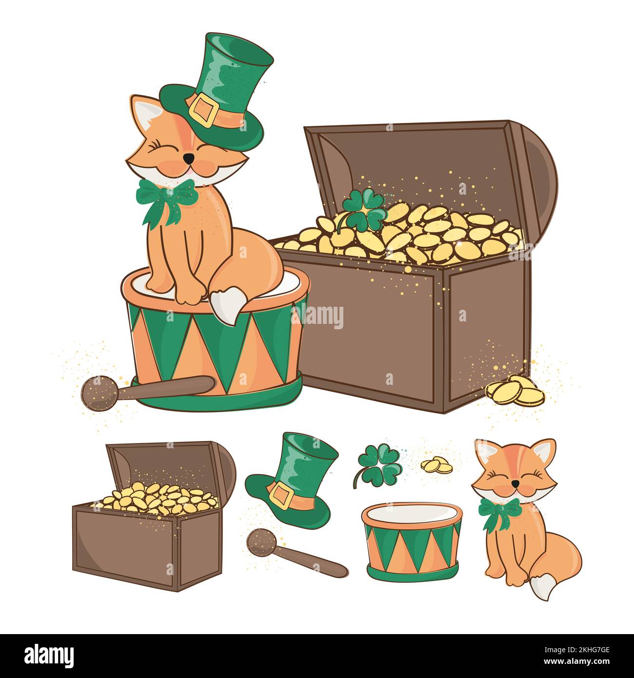 FOX GOLD Saint Patrick Day Cartoon Animal Vector Illustration Set For ...