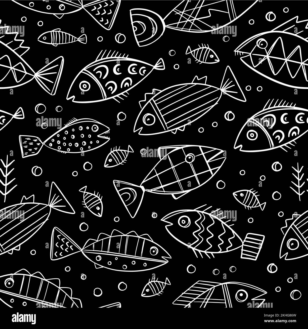 FRIGHTFUL FISH Cute Sea Inhabitants Monochrome Hand Drawn Sketch In ...