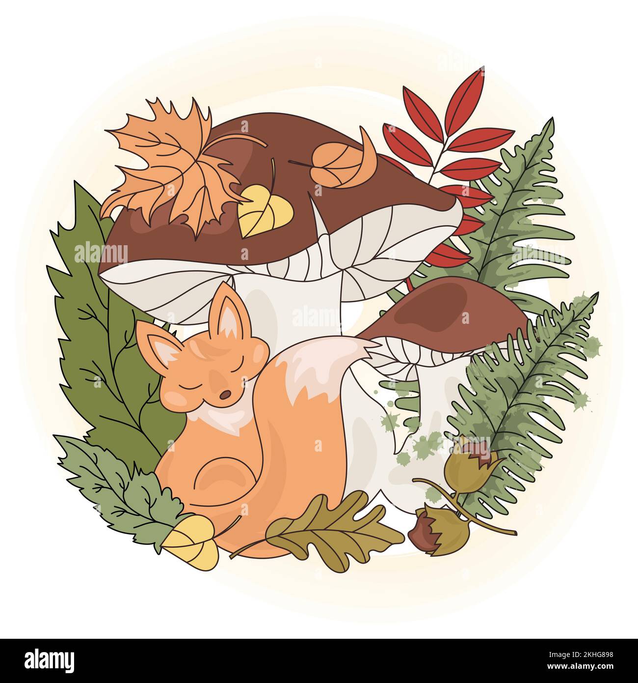 FOX MUSHROOM Forest Cartoon Animal Autumn Fall Season Nature Vector ...