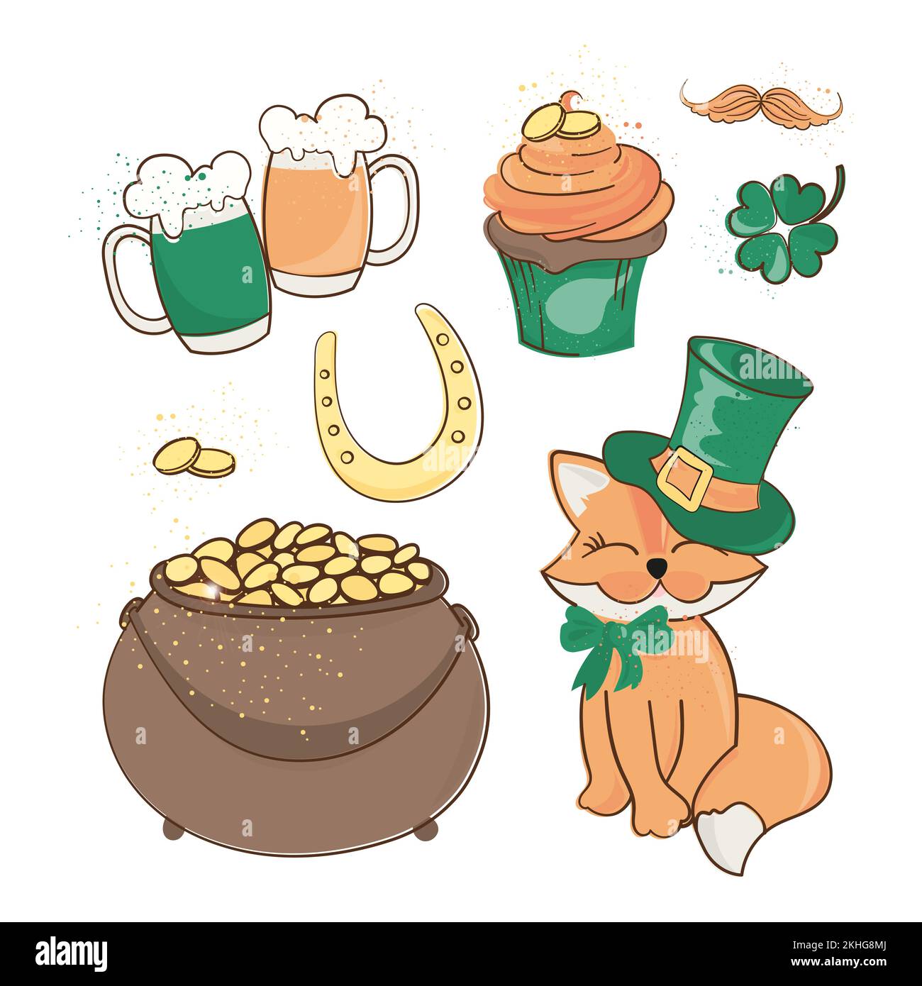 FOX TREASURE Saint Patrick Day Cartoon Animal Vector Illustration Set ...