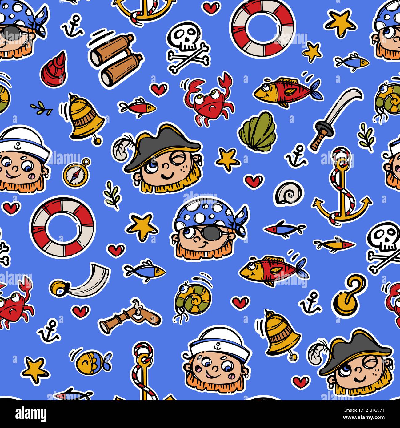 FUNNY PIRATES Cartoon Characters Hand Drawn Seamless Pattern Vector ...