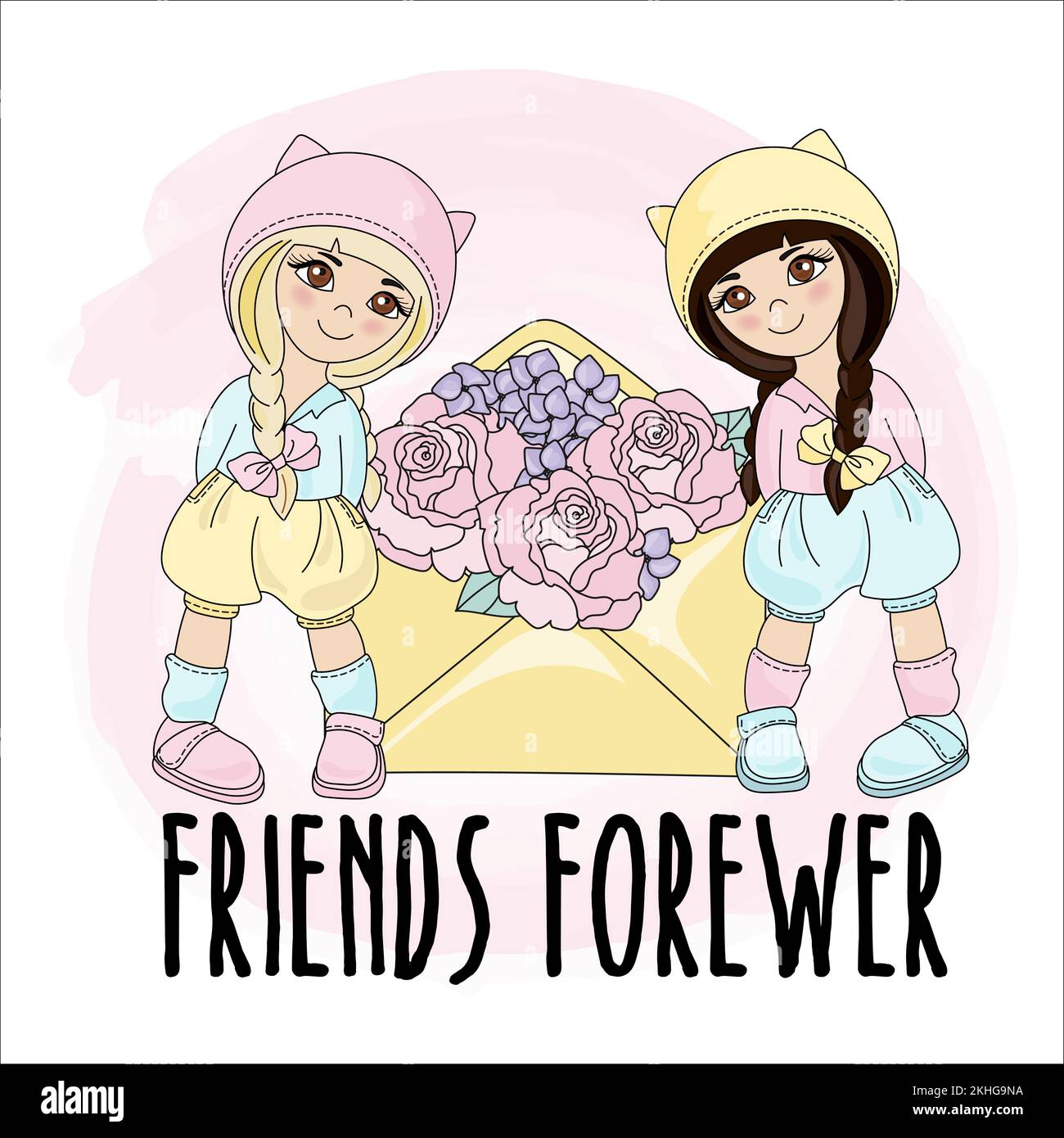 FRIENDS FOREVER Holiday Cartoon Girl Vector Illustration Set For Print ...
