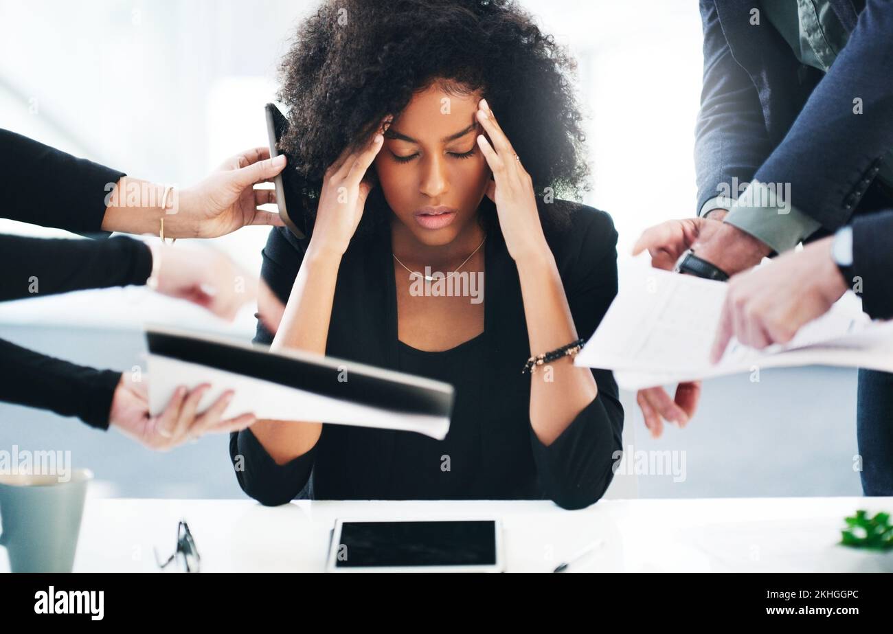 Black woman, headache or stress with office documents for attorney ...
