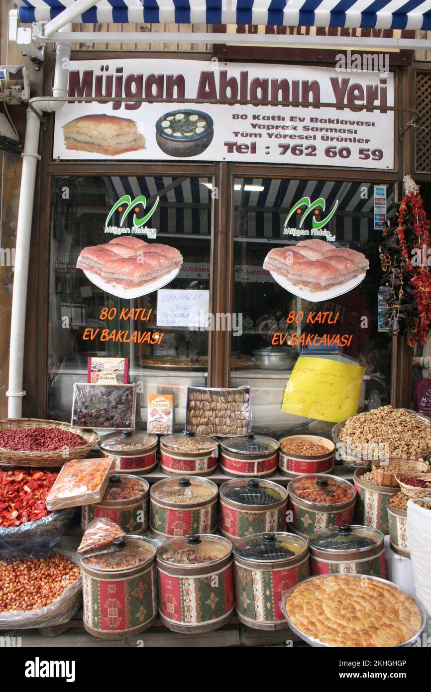 Street scene; main shopping street; Beypazari; Turkey; Shop selling ...