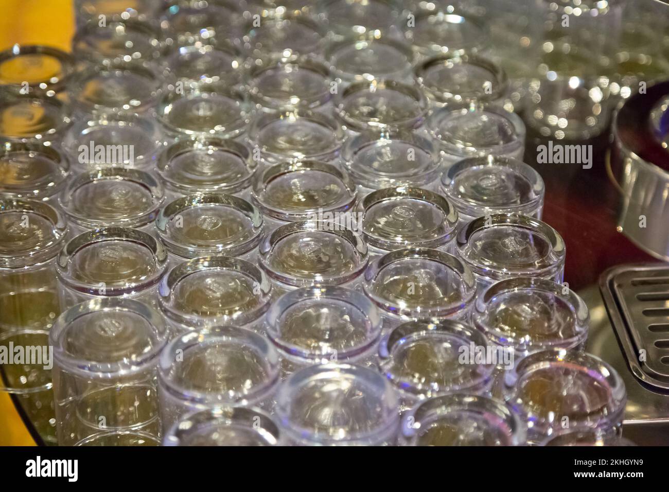 Many glasses with orange juice on buffet table food background Stock ...