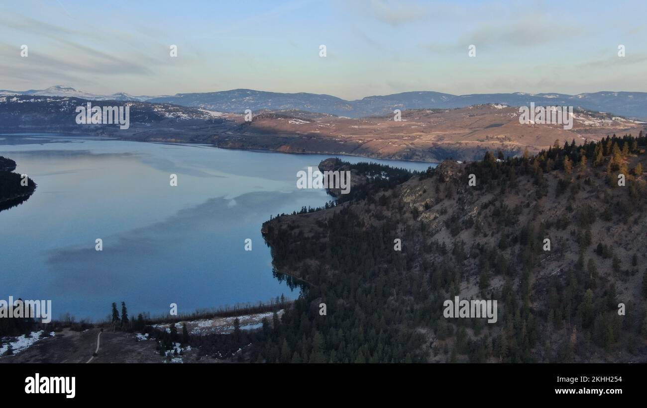 The aerial view of slopes with trees under the blue sky in the ...