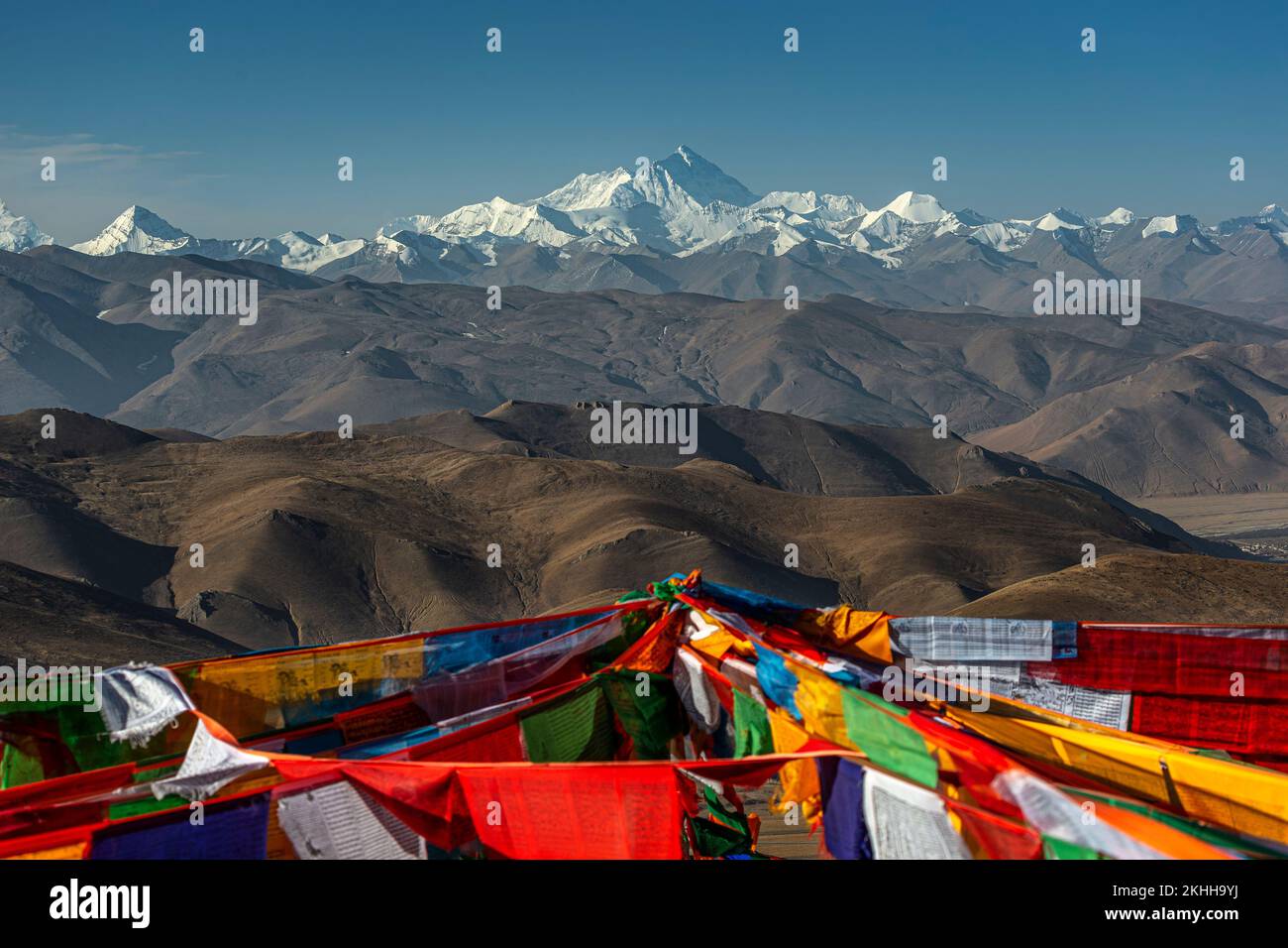 An aerial view snow covered Everest mountain landscape with flags Stock ...