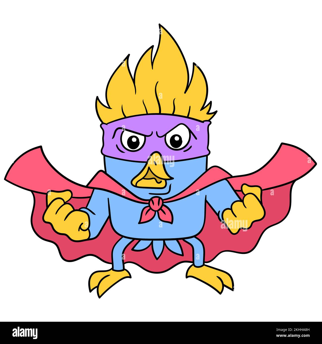 A doodle icon drawing of an angry faced superhero bird collects ...