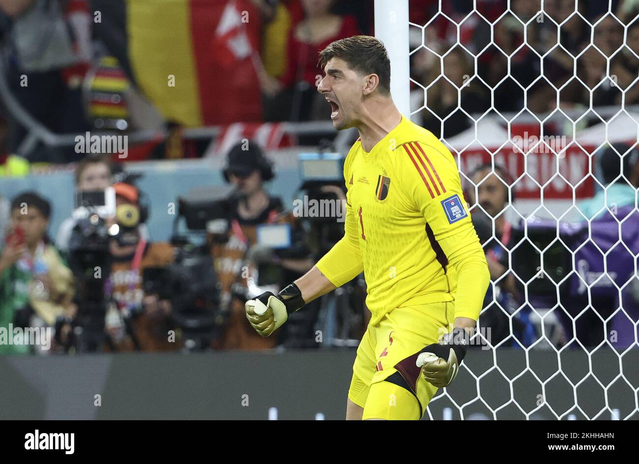 Belgium goalkeeper Thibaut Courtois celebrates after blocking Alphonso ...