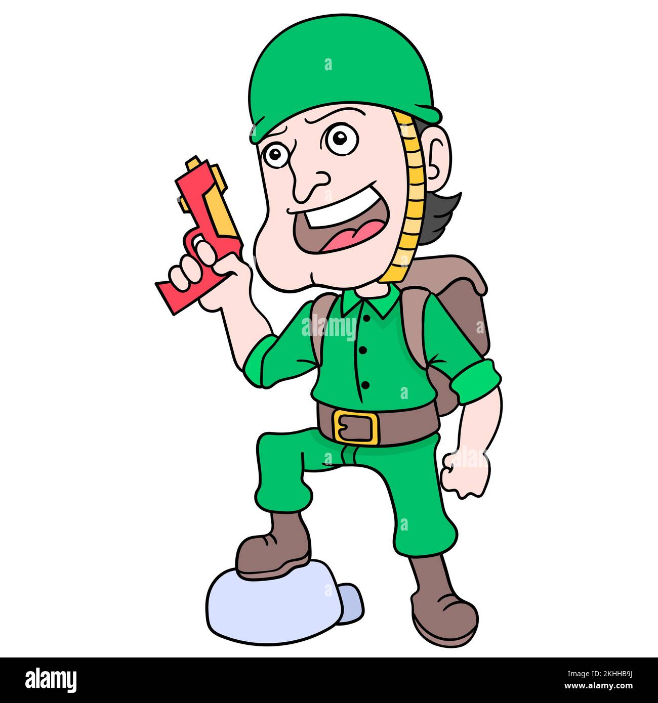 A doodle drawing of a young soldier wearing uniform and carrying a gun ...