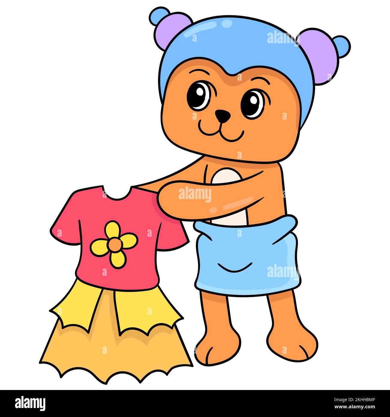 A doodle drawing of an animal bear woman drying clothes after the bath ...